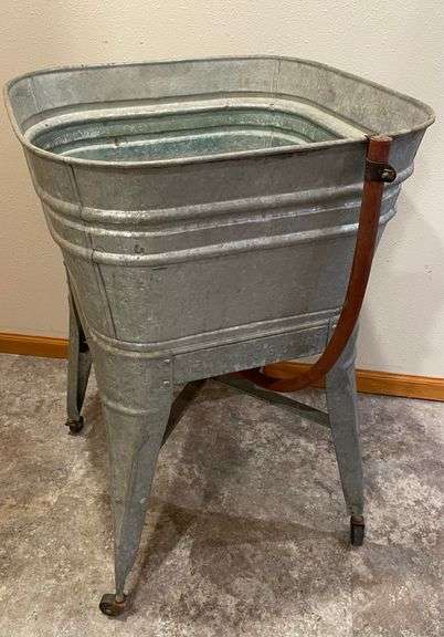 Primitive Galvanized Wash Tub On Stand - No Shipping - Creamer Auction