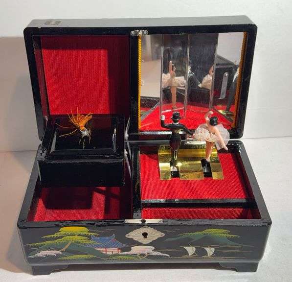 Mid Century Era Japanese Black Lacquered Musical Jewelry Box - Creamer ...