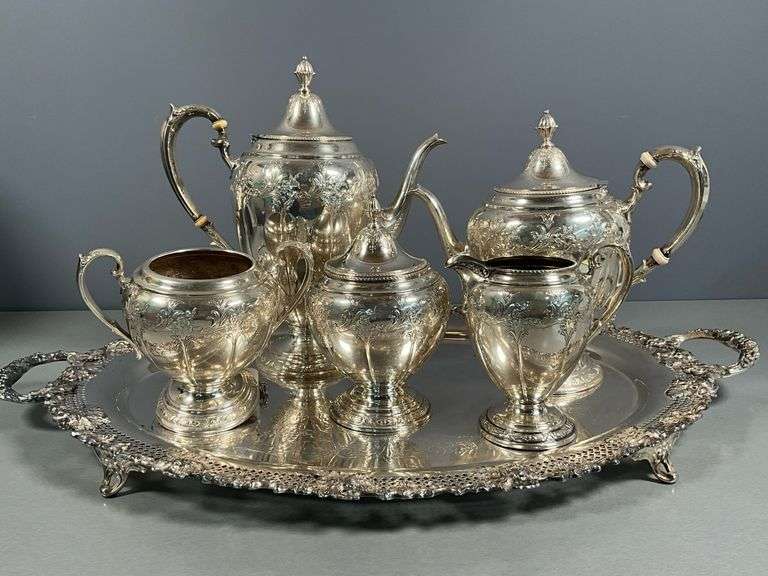 Gotham Sterling Silver Tea Set (5 Pieces) on Metal Tray (Not Sterling ...