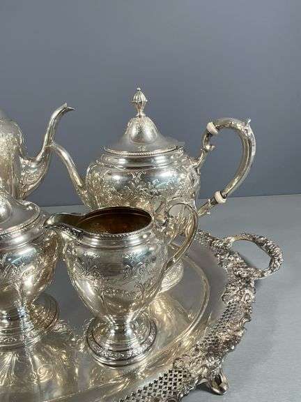 Gotham Sterling Silver Tea Set (5 Pieces) on Metal Tray (Not Sterling ...