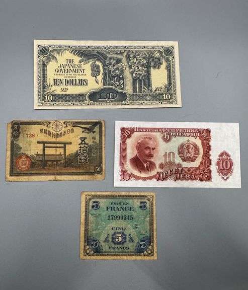 Group of Four Historical Banknotes, Including WWII-Era and ...
