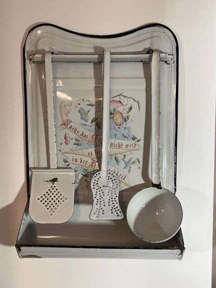 Enamelware Kitchen Utensil Rack with Decorative Back Panel, 14″ x 21 ...