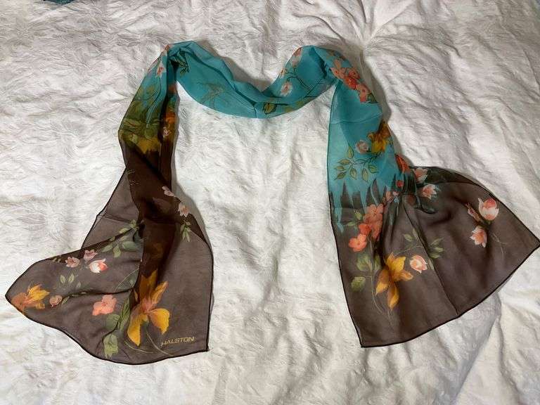 Halston Floral Printed Sheer Scarf in Brown and Blue - Coastal ...