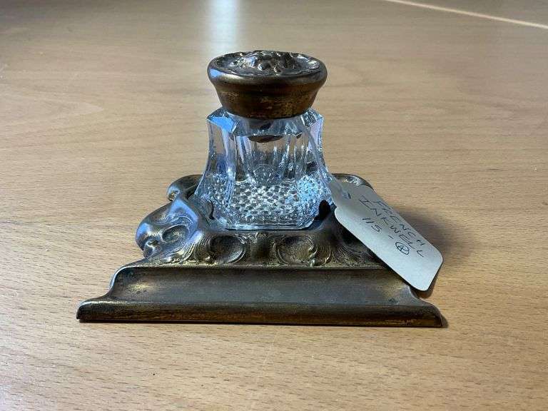 French Inkwell with Brass Base and Cut Glass Body - Coastal Downsizing LLC