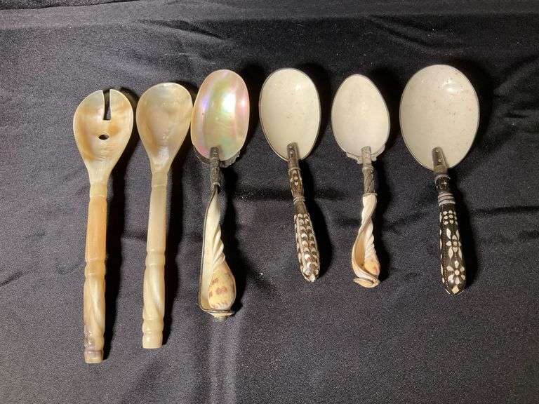 Set of Six Carved Shell and Bone Utensils With Decorative Handles ...