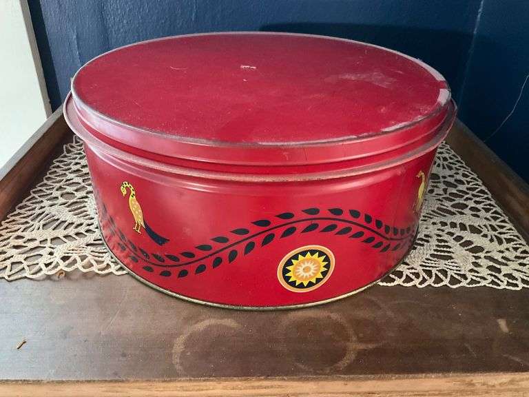Red Decorative Metal Tin with Parrot and Baking Scene, 13.5 Inches ...