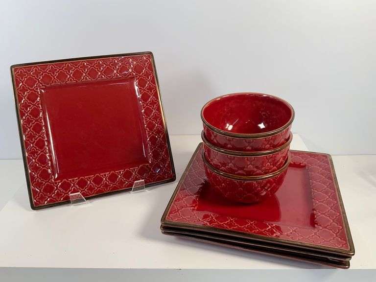 Set of 4 Artesia Red Ceramic Plates and 3 Bowls with Dark Borders ...