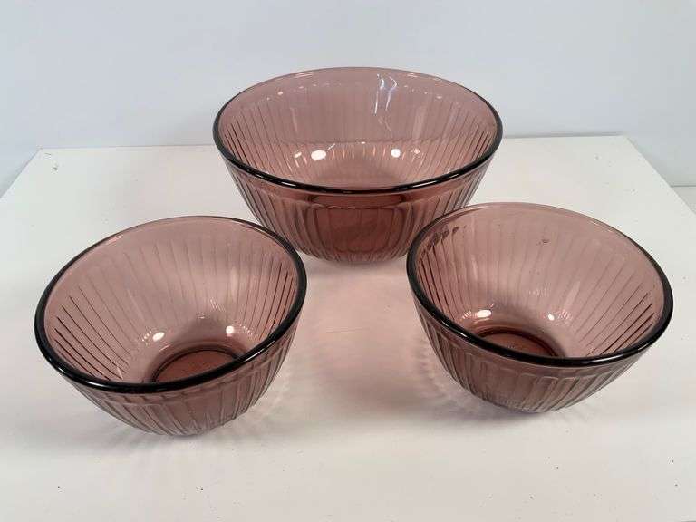 Set of Three Pyrex Cranberry Glass Mixing Bowls - Coastal Downsizing LLC