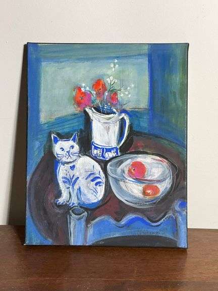 9.5” x 12” Canvas Painting With Cat, Flowers, and Dedham Pottery Motif ...