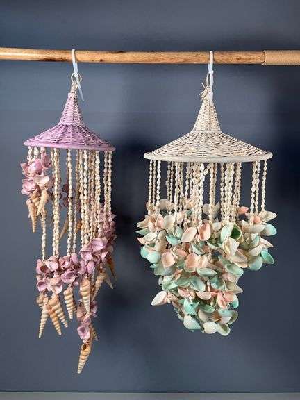 Pair of Woven Hanging Shell Mobiles With Bead Accents - Coastal ...