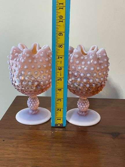 Pair of Pink Iridescent Glass Hobnail Compote Vases - Coastal ...