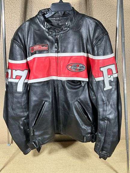 First Racing Black Leather Jacket With Red and White Racing Stripes ...