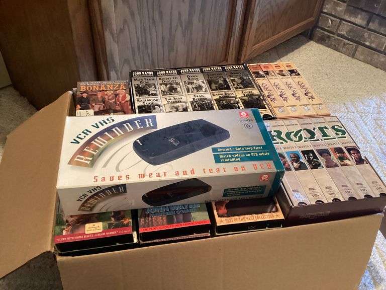 LARGE BOX OF VHS TAPE MINI SERIES SETS & COLLECTIONS W/REWINDER ...