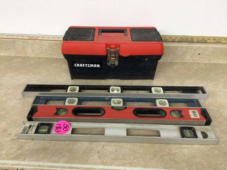 4 LEVELS AND SMALL CRAFTSMAN TOOL BOX - Currie Auction Service
