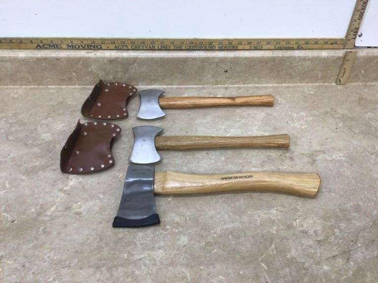 SINGLE BIT HATCHET AND 2 DOUBLE BIT HATCHETS W/SHEATHS - Currie Auction ...