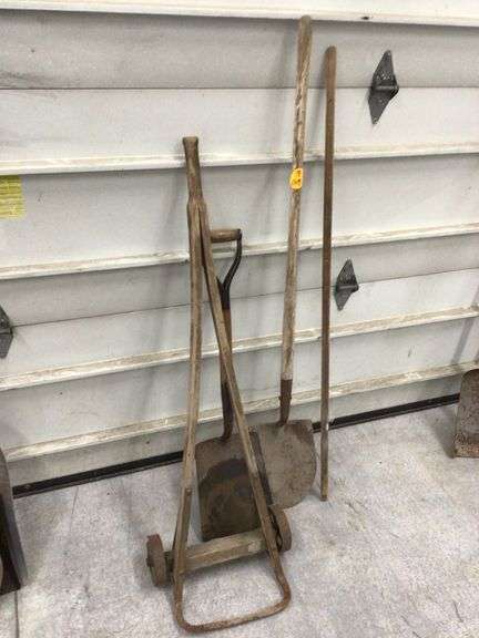 ANTIQUE HAND CART AND 2 SHOVELS - Currie Auction Service