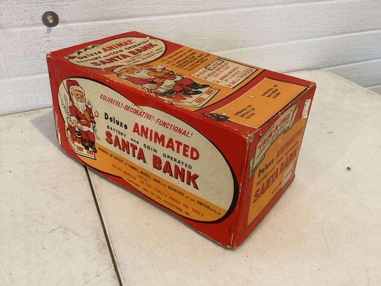 VINTAGE TIN ANIMATED SANTA BANK IN ORIGINAL BOX - Currie Auction Service