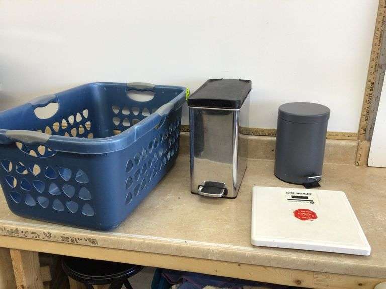 2 SMALL WASTEBASKETS AND SCALE IN LAUNDRY BASKET - Currie Auction Service