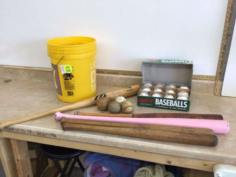 BRAND NEW RAWLINGS BASEBALLS AND 5 BASEBALL BATS IN BUCKET - Currie ...