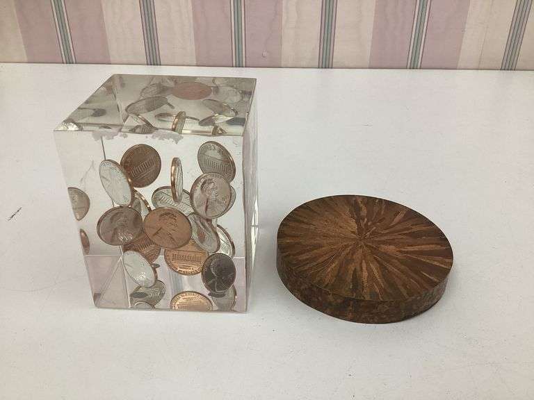 ROUND COPPER PAPERWEIGHT AND ACRYLIC PAPERWEIGHT WITH PENNIES FROM 1977 ...