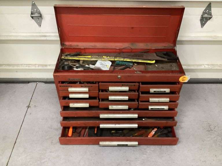 KENNEDY TOOLBOX W/MISC TOOLS - Currie Auction Service
