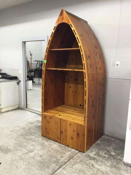 LARGE CEDAR BOAT SHAPED SHELF UNIT - Currie Auction Service