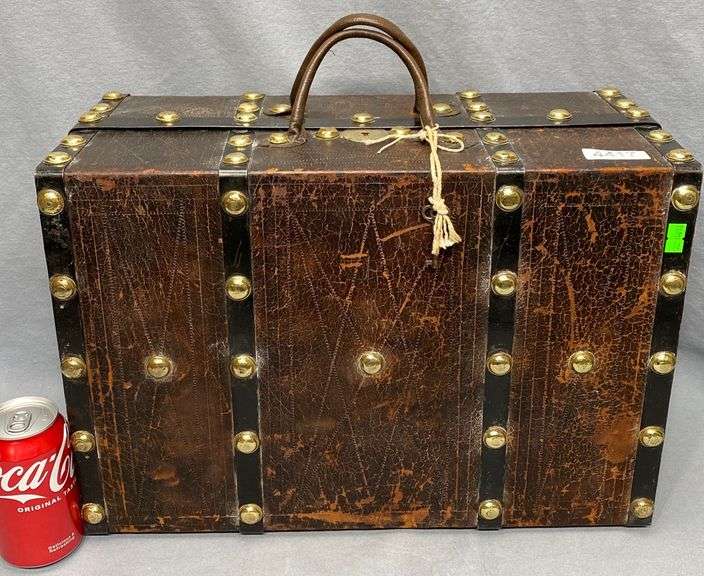 Antique brass studded leather locking trunk - Dixon's Auction at Crumpton