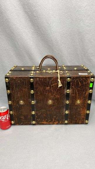 Antique brass studded leather locking trunk - Dixon's Auction at Crumpton