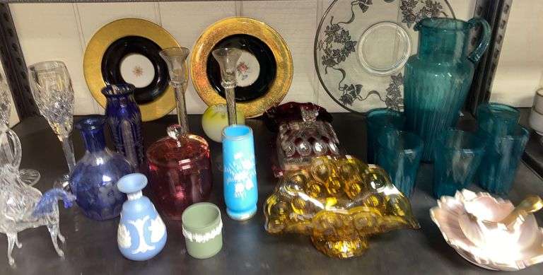 Lot Vintage Glassware Blue Water Set Crystal Glasses Decanter Etc ...