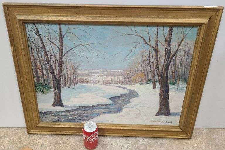 Manner of Walter E Baum oil on masonite snow scene painting - Dixon's ...