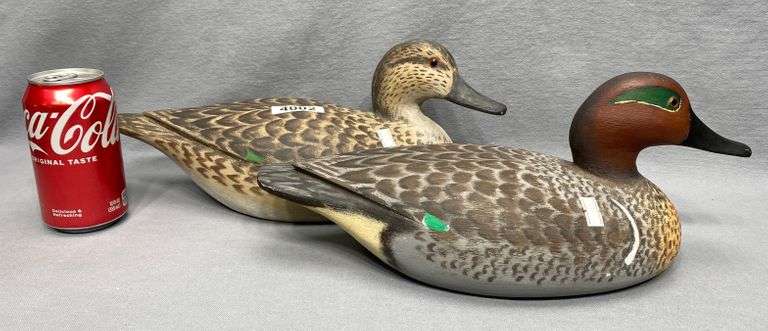 Pair carved wood green wing teal duck decoys - Dixon's Auction at Crumpton