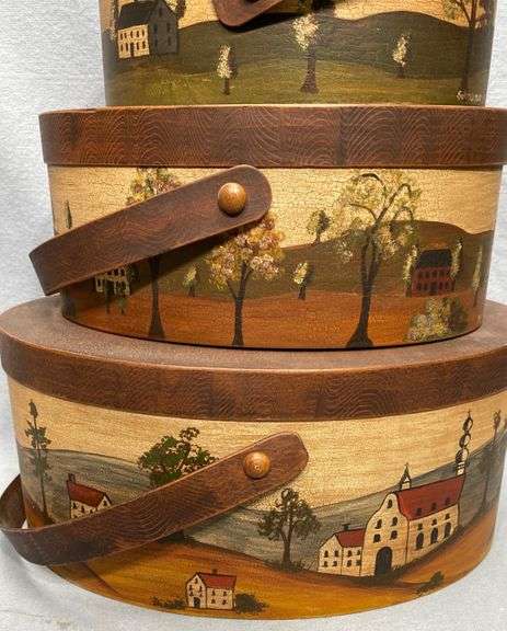 3 Primitive painted boxes-signed by artist - Dixon's Auction at Crumpton