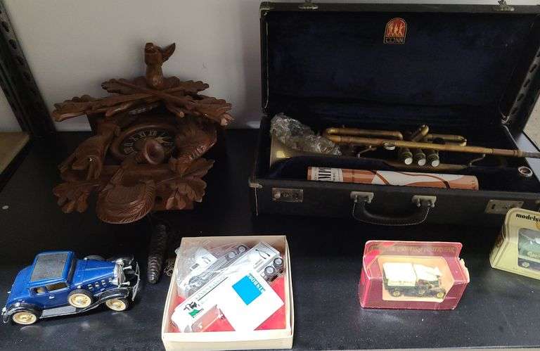 Lot Conn Trumpet & Case, Cuckoo Clock Model Cars Etc - Dixon's Auction ...