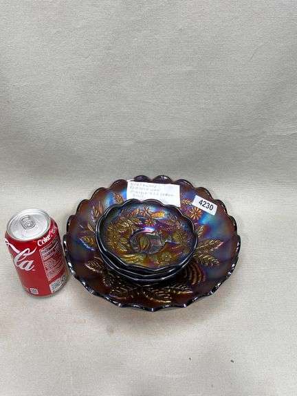 Northwood Peacock Urn carnival glass ice cream set - Dixon's Auction at ...