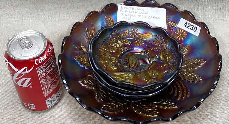 Northwood Peacock Urn carnival glass ice cream set - Dixon's Auction at ...