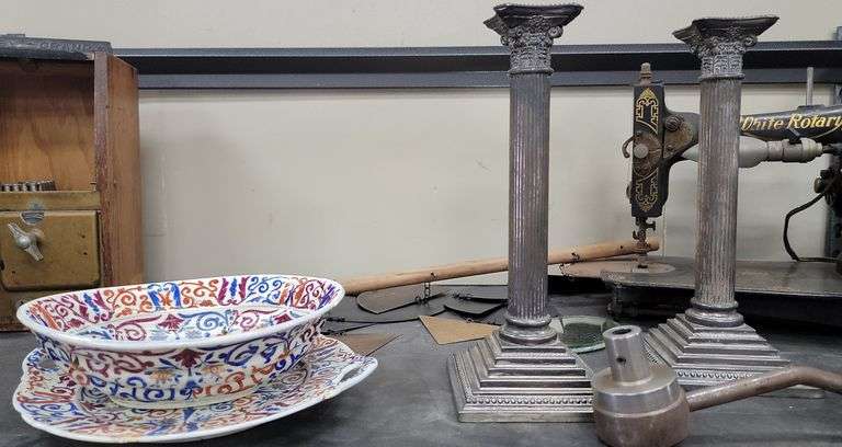 Antique White-Rotary Sewing Machine, Candlesticks, Baby Grand Vending ...