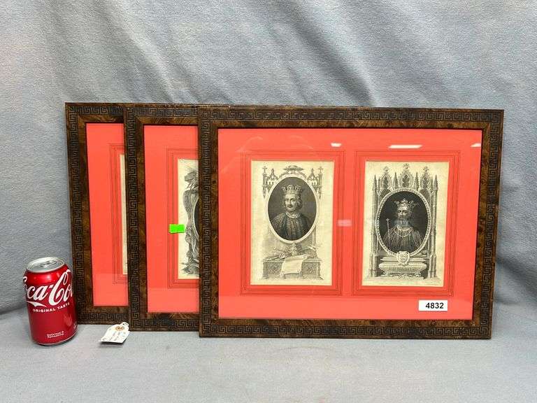 6 Antique prints of kings in 3 frames - Dixon's Auction at Crumpton