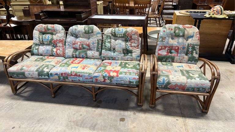 MCM rattan two-piece patio set with aztec cushions - Dixon's Auction at ...