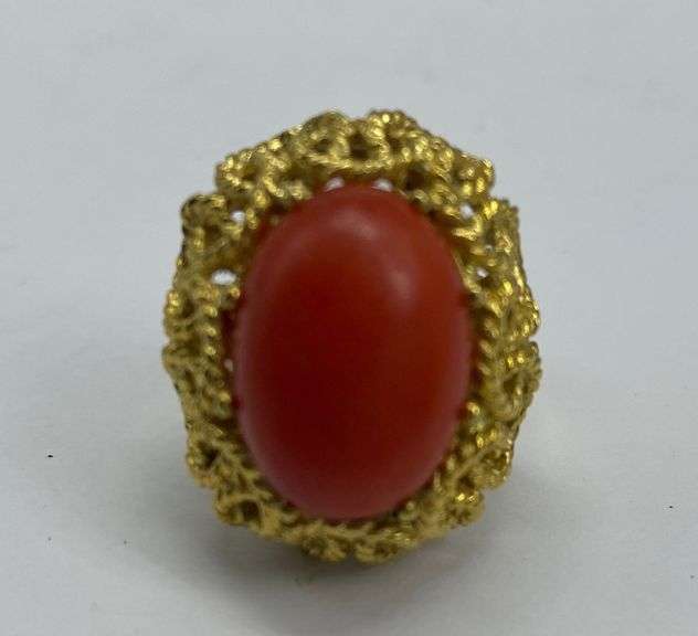18kt Gold Red Coral Open Work Ring 12.9g size 9 - Dixon's Auction at ...
