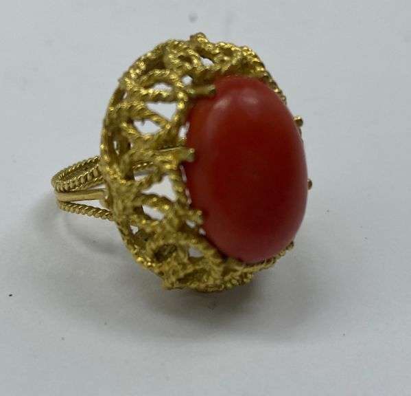 18kt Gold Red Coral Open Work Ring 12.9g size 9 - Dixon's Auction at ...