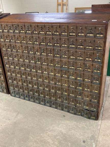 Antique oak cased 135 slot post office box cabinet, some cubbies and ...