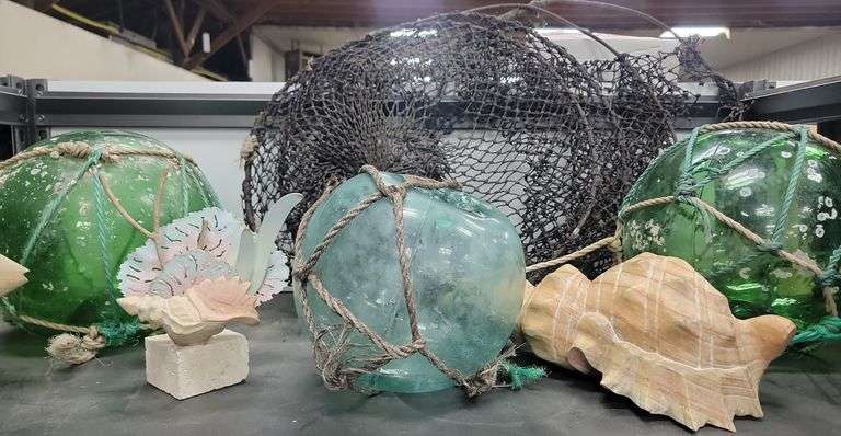 Nautical Lot Vintage Japanese Glass Net Float Balls Wood Shell Etc ...