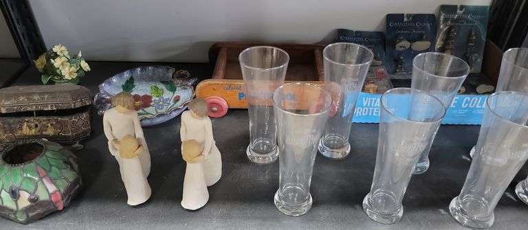 Lot Of Figurines, Beer Glasses, Angel Figures, Leaded Glass Shade Etc ...