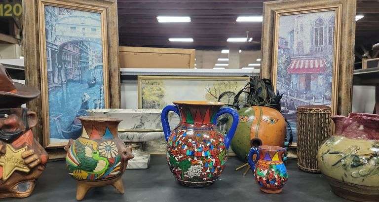 Lot Ethnographic Decorated Pottery Framed Prints Vintage Cookie Jar Etc Dixons Auction At