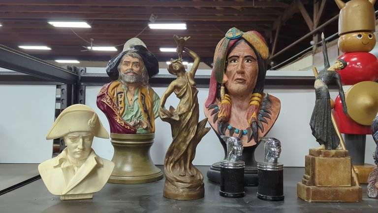 Lot Of Statues, Plaster Indian Busts, Aer Deco Lady Statue, Wood ...