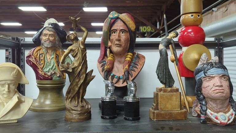 Lot Of Statues, Plaster Indian Busts, Aer Deco Lady Statue, Wood ...