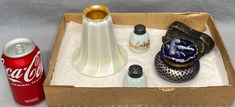 Lot Enamel Painted Mary Gregory Style Cobalt Dresser Box, S&P Shakers ...