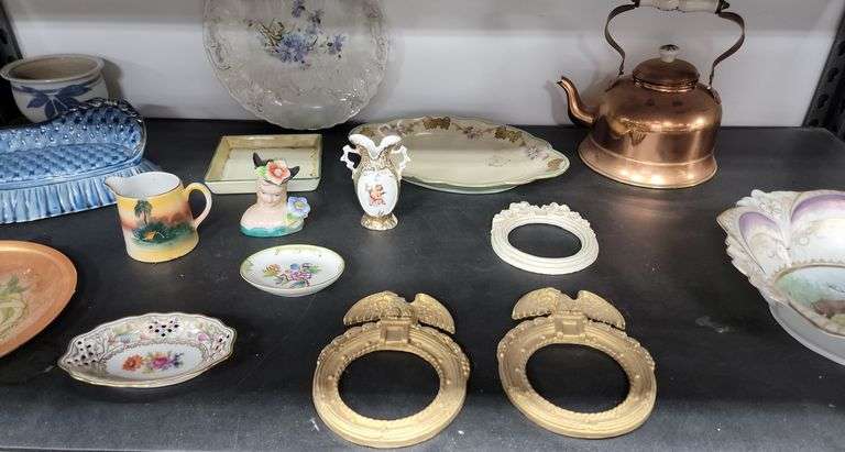 Lot Antique German Hunt Scene Bowl, Copper Kettle, Lady Head Etc ...