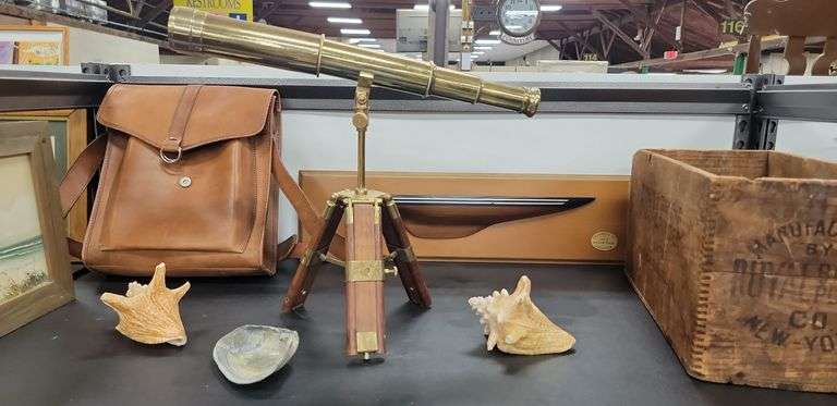 Lot Half Hull Boat Model, Antique Baking Powder Box, Telescope, Framed ...