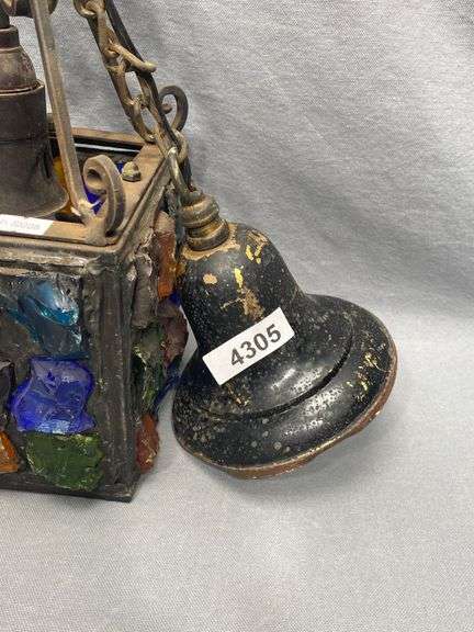 Vintage Wrought Iron & Colored Glass Hanging Light Fixture - Dixon's ...